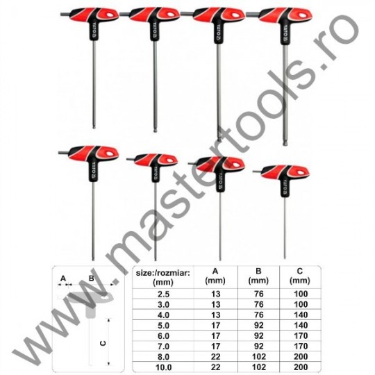 YATO Set 8 imbusuri cu maner T si tija hexagonala cu bila YT-05597